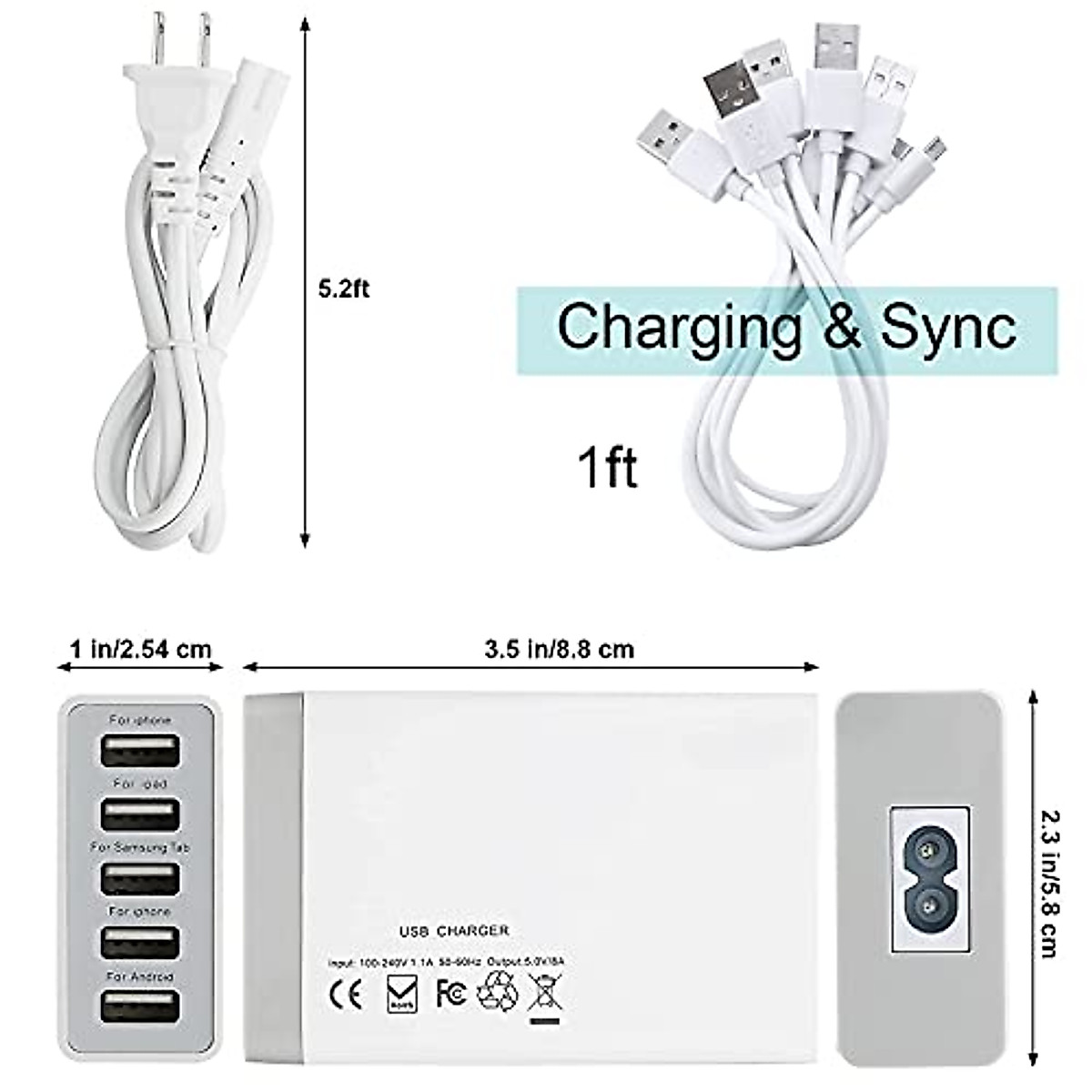 Bamboo Cell Phone Charging Station, Charger Organizer for Multiple Devices Compatible with Cell Phones, Watch, Tablet (with Watch Stand, 5 Port USB Charger, 6 Charger Cables) -BambuMate