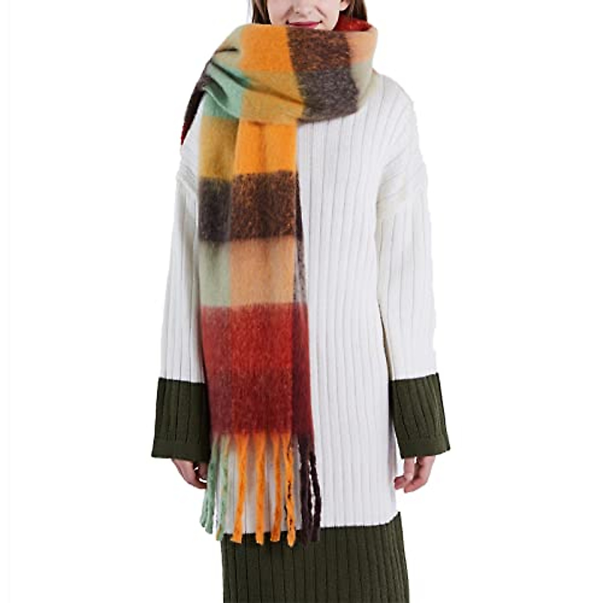 SHOHOKU Large Chunky Plaid Scarf Coloured Checked Oversized Scarf Tassel Soft Fall Winter Thick Warm Shawl Women (B)