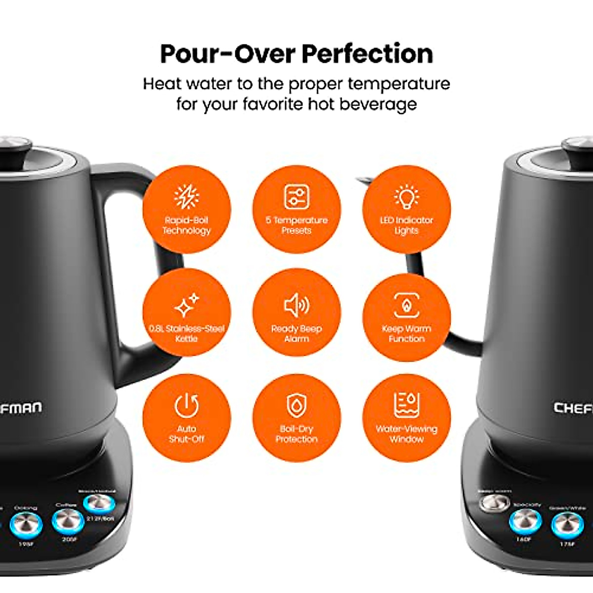 Chefman TrueTemp Precision Control Gooseneck Kettle, Internal Custom Temperature Control and 6 One-Touch Presets, Boil-Dry Protection Auto Shut-Off for Safety, For Pour Over Coffee and Tea, Black