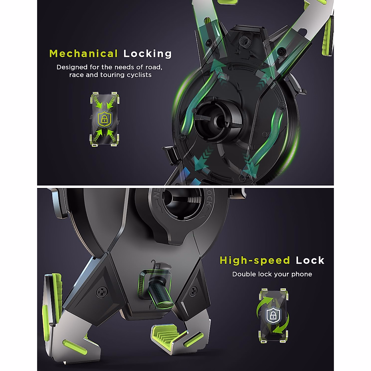 IPOW Bike Phone Holder, Adjustable Motorcycle Phone Mount, 2023 Upgraded Motorcycle Handlebar Phone Clamp, Scooter Phone Clip Compatible with iPhone 14 Plus/Pro Max, 13 Pro Max, S23, S22, Green