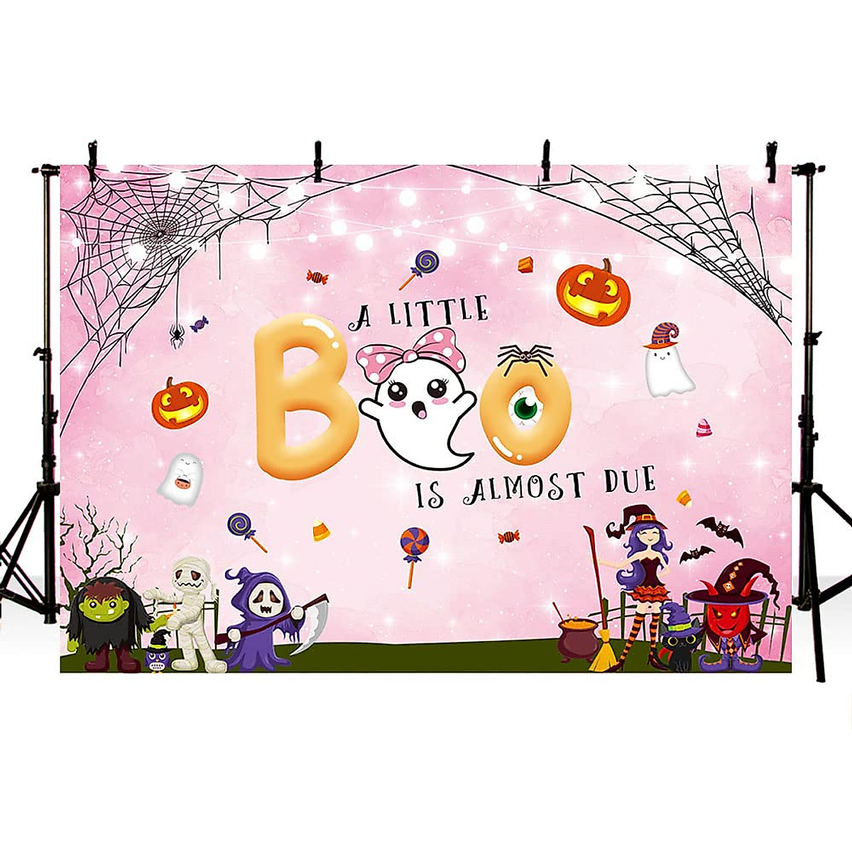 Sendy 7x5ft Halloween Baby Shower Backdrop for Girl A Little Boo is Almost Due Photography Background Ghost Spider Web Pumpkin Lamp Party Decorstions Cake Table Banner Photo Booth Supplies