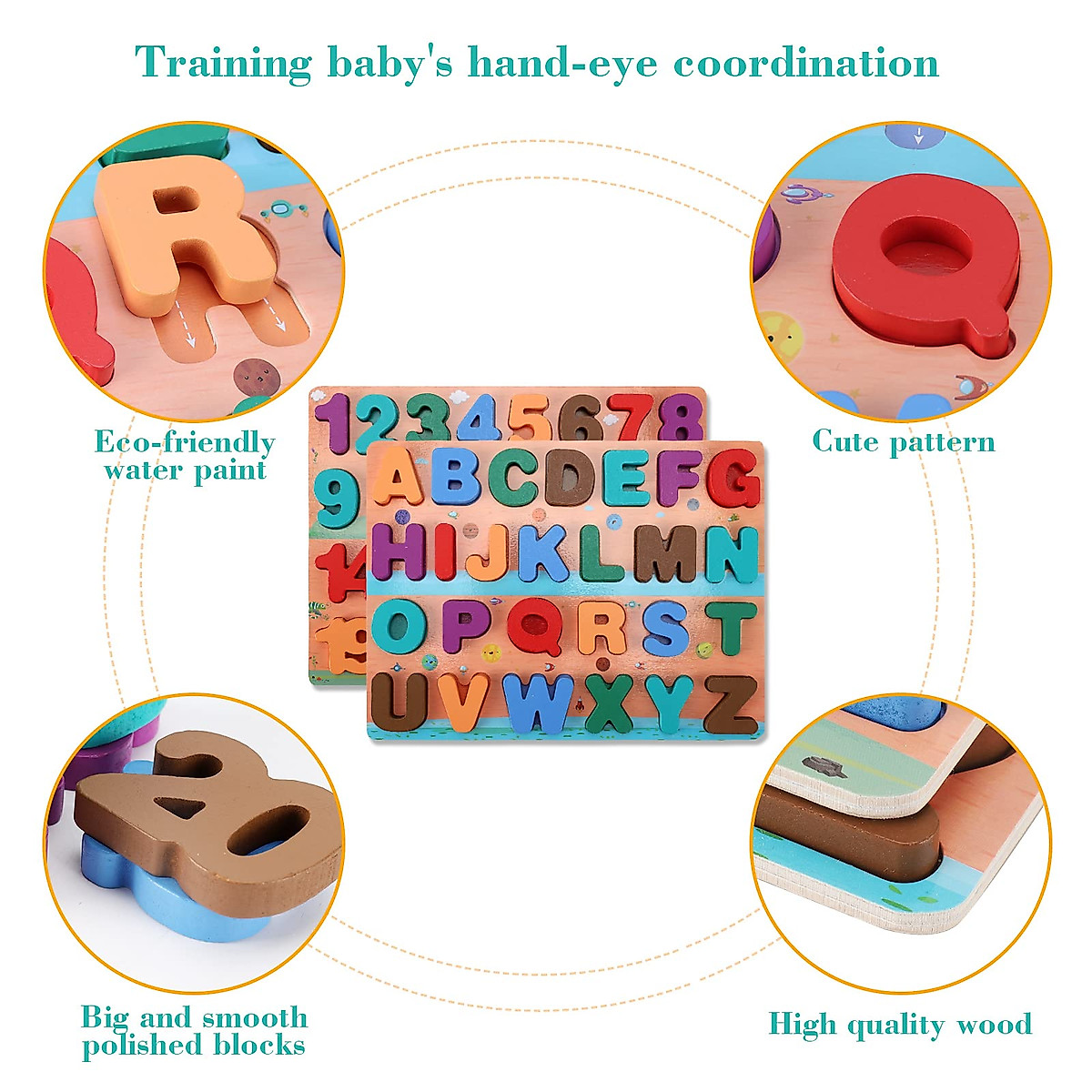 Wooden Alphabet and Number Puzzles (2 Pack), Toddler Puzzles Toys, Educational Learning Toy for Kids Boys and Girls and Preschoolers, Color Recognition, Motor Skills Matching Game