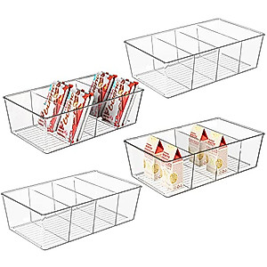 Moretoes 4 Pack Clear Plastic Storage Bins, Snack Organizer, Food Storage Organizer Bins for Pantry, Kitchen, Fridge, Cabinet, 4 Compartment Holder for Organize Packets, Spices, Pouches, Snacks