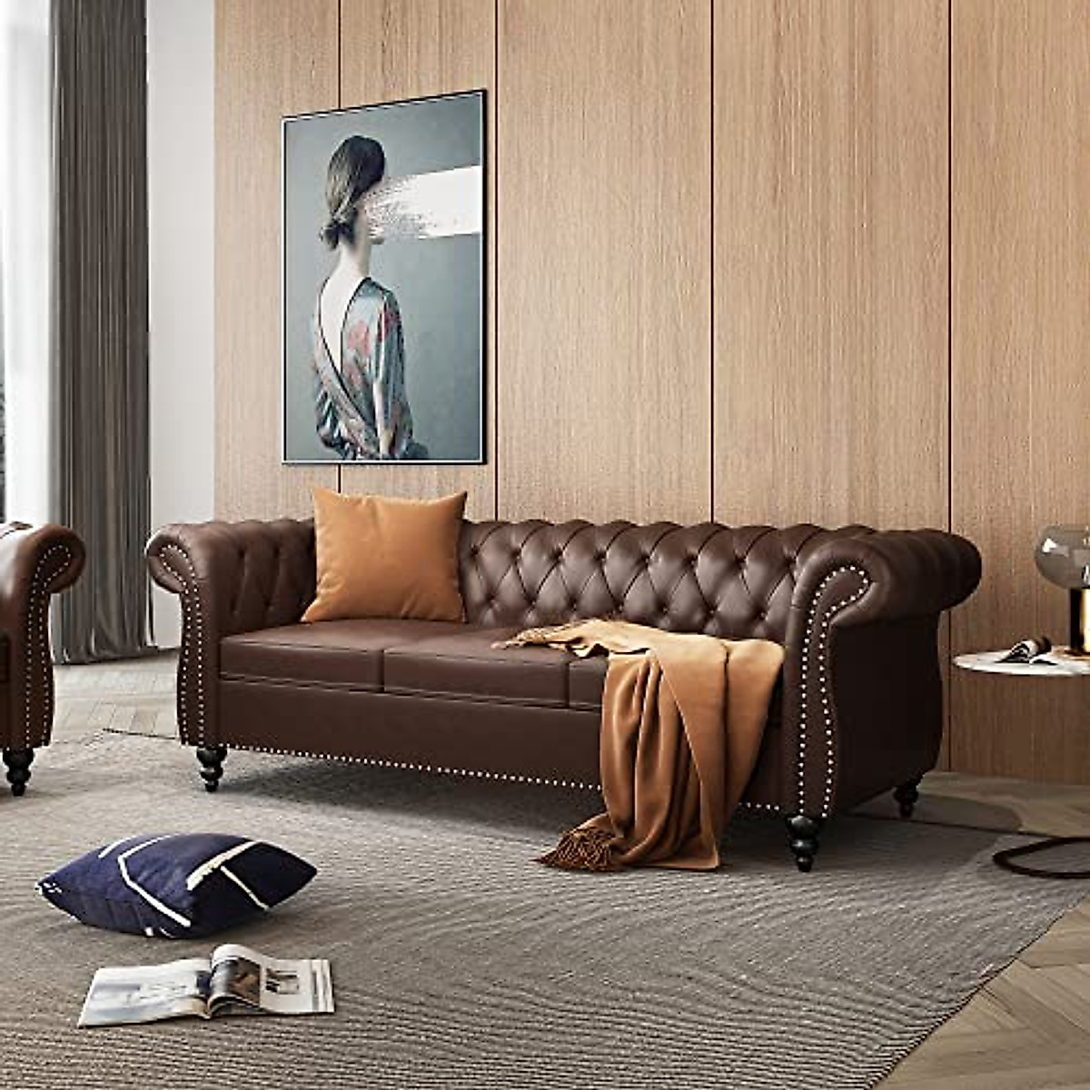 PHOYAL Modern 3 Seater Couch, Large Sofa Furniture, Roll Arm Classic Tufted Chesterfield Settee Leather Sofa with Channel Tufted Seat Back for Living Room, Dark Brown PU