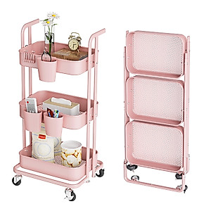 DTK 3 Tier Foldable Rolling Cart, Metal Utility Cart with Lockable Wheels, Folding Storage Trolley for Living Room, Kitchen, Bathroom, Bedroom and Office, Pink