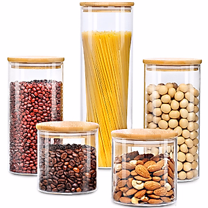 AIKWI Glass Food Storage Jars Set of 5, Airtight Glass Kitchen Canisters with Bamboo Lids, Clear Glass Canister Food Jar Kitchen Pantry Storage Container for Spaghetti, Beans, Cereal, Snacks and More