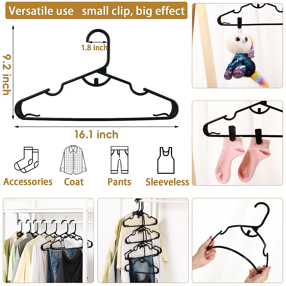 70 Plastic Hangers with Clips Stackable Hangers Nonslip Clothes Hangers Pants Hangers Space Saving Adults Suit Hangers with Clips Short Hanger Black Hangers with 40 Additional Hanger Clips