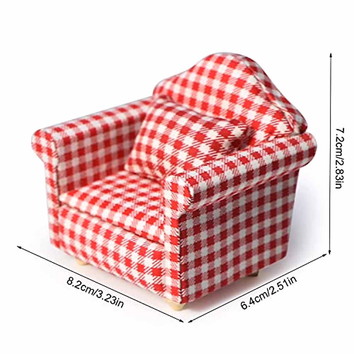 Dollhouse Couch with Pillow 1 12 Scale Miniature Sofa Arm Chair Living Room Furniture Wooden Fabric Frame Single Reading Chair Artificial House Room Scene Decoration (Plaid)