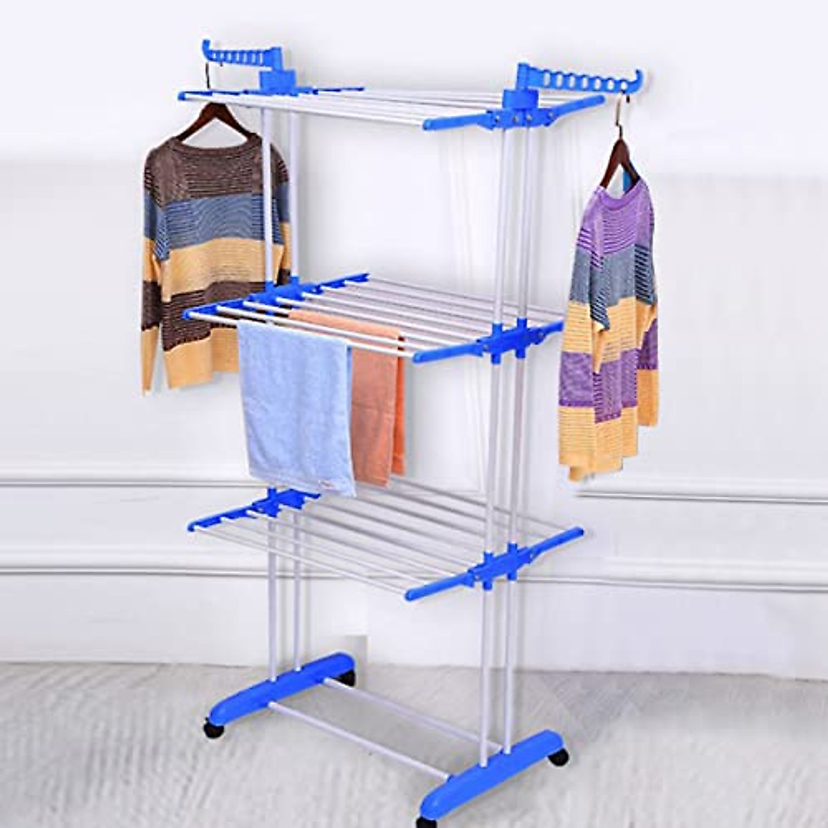 TOLUON Clothes Drying Rack, Movable Drying Rack with 4 castors, 3 Tier Clothes Horses Rack, Laundry Garment Dryer Stand with Two Side Wings for Home (Blue)