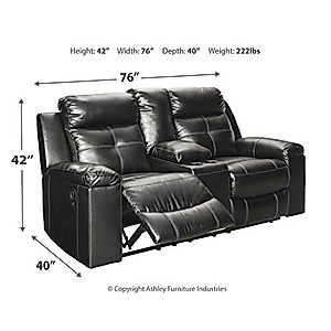 Signature Design by Ashley Kempten Faux Leather Manual Reclining Sofa with High Back, Center Console and Blue LED Lighting, Black