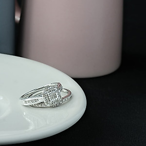 Cali Trove 1/5cttw Diamond Wedding Ring Set for Women in 925 Sterling Silver (Size-9) | Square Double Halo Diamond Engagement Ring for Women with Matching Half Eternity Diamond Wedding Band (White)