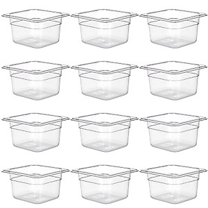 Lnrueg 12 PCS Plastic Clear Food Pans with Non-slip Bottom, 1/6 Size 4 Inch Deep Stackable Acrylic Deep Food Storage Pan for Fruits, Vegetables, Desserts,6.9''x6.3''x4''
