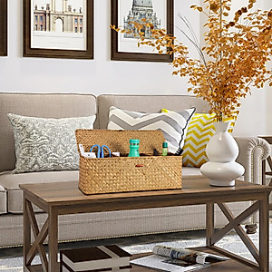 Moosky Wicker Shelf Baskets with Lid, Seagrass Basket for Storage Rectangular Woven Baskets Boxes 3-Section Home Decor Organizer (Natural, Large)