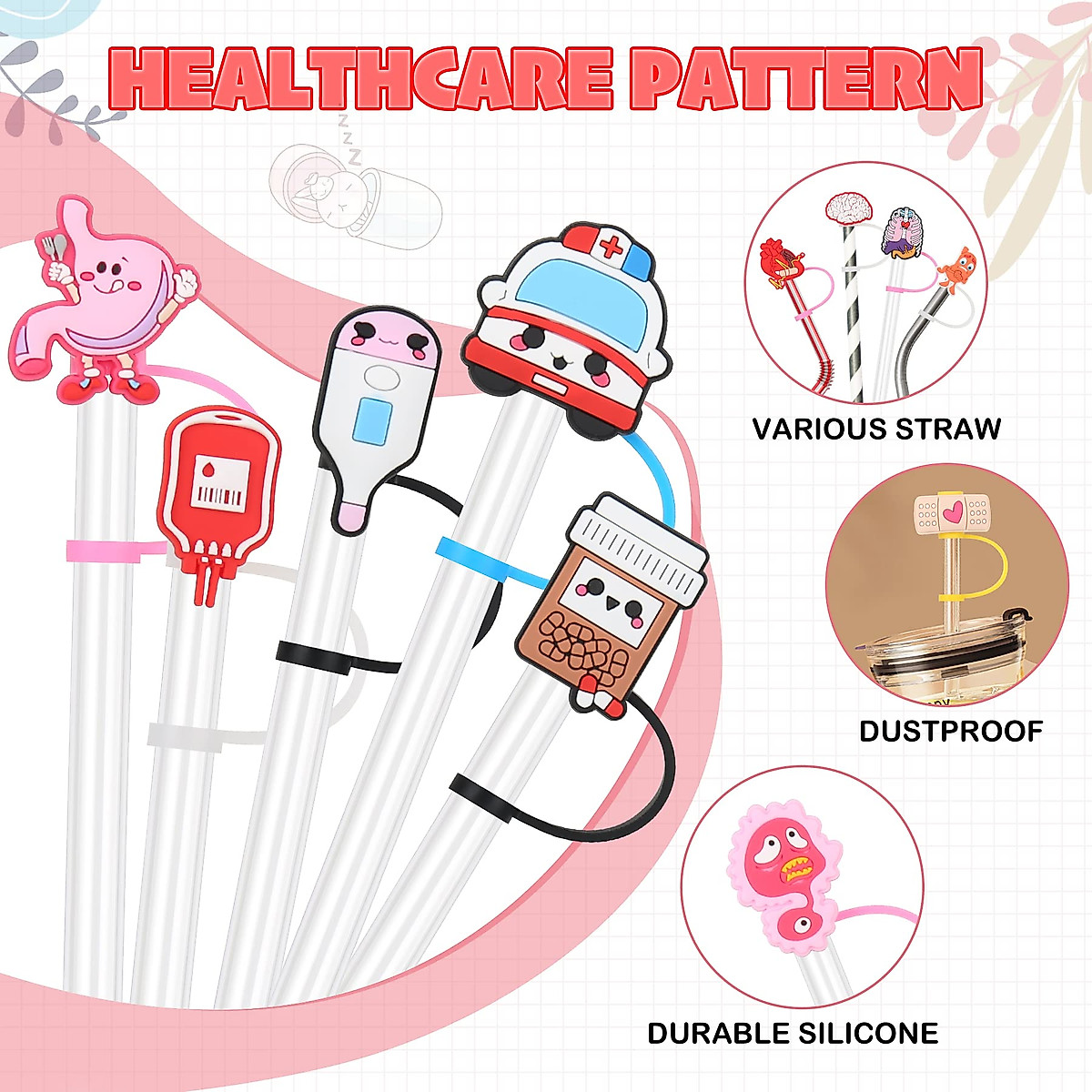 Dripykiaa 20pcs Straw Cover Nurse Straw Covers Medical Silicone Straw Tips Reusable Drinking Straw Cap Lids Cap Dust-proof Straw Plug for 6-8 mm (0.24-0.31 Inch) Straw Gifts for Nurse Doctor