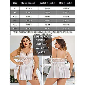Avidlove Plus Size Lingerie for Women Sexy Lace Babydoll Nightgown Strap Chemise V Neck Sleepwear Mesh Nightwear Side Slit Nightie White