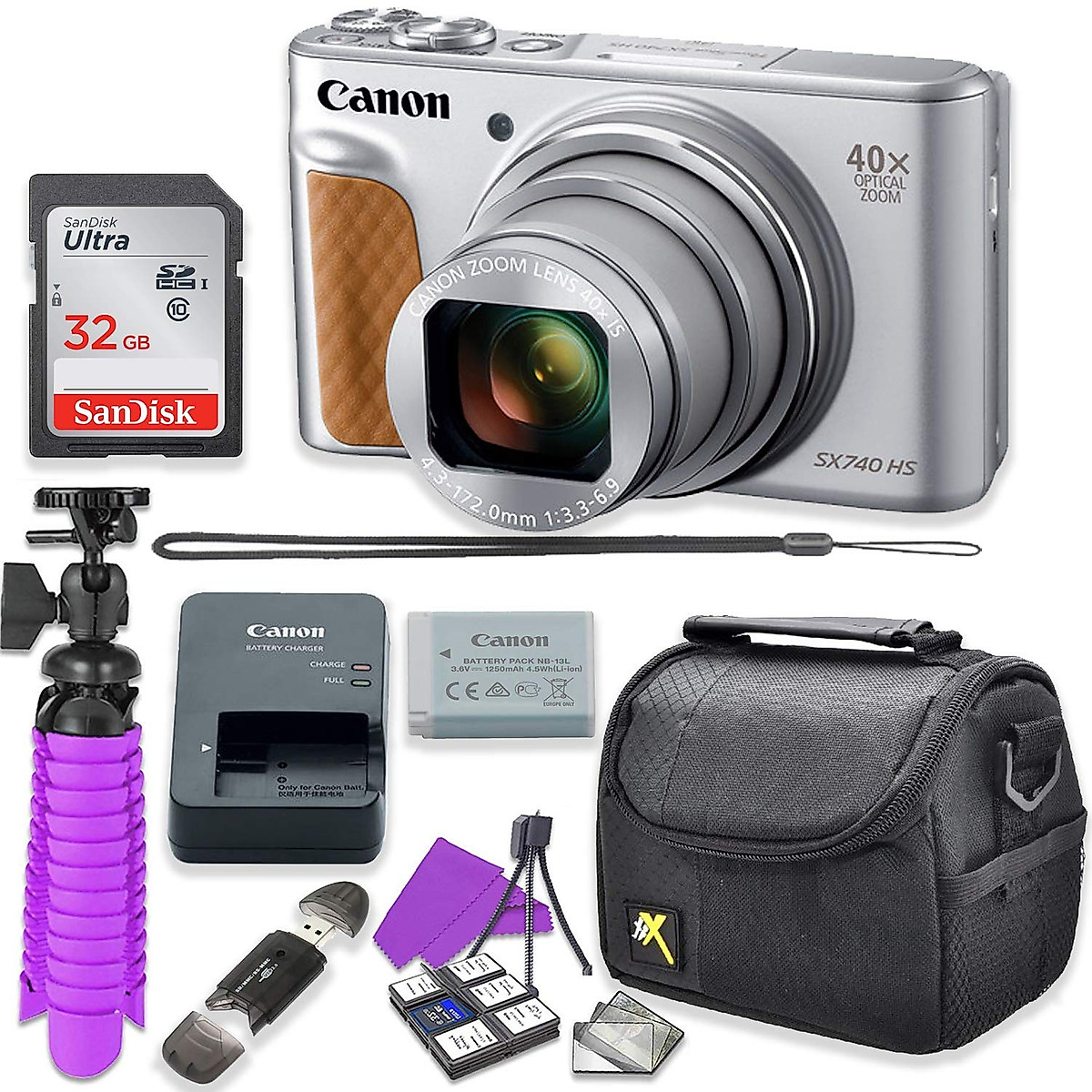Canon PowerShot SX740 HS Digital Camera (Silver) Accessory Bundle with Flexible Spider Tripod, 32GB Memory, Camera Case and More. (Renewed)