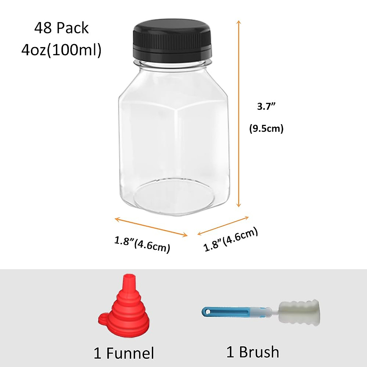 BPFY 48 Pack 4 oz Mini Plastic Juice Bottles with Caps Empty Clear Beverage Containers with Black Tamper Evident Lids, Brush, Funnel, Juicing Bottles for Milk, Smoothie and Other Beverages