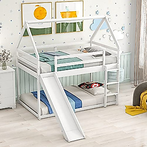 Twin Size Bunk House Bed with Convertible Slide and Ladder,Twin Over Twin Wooden Bed Frame with Guardrails for Kids Teens Girls Boys,White