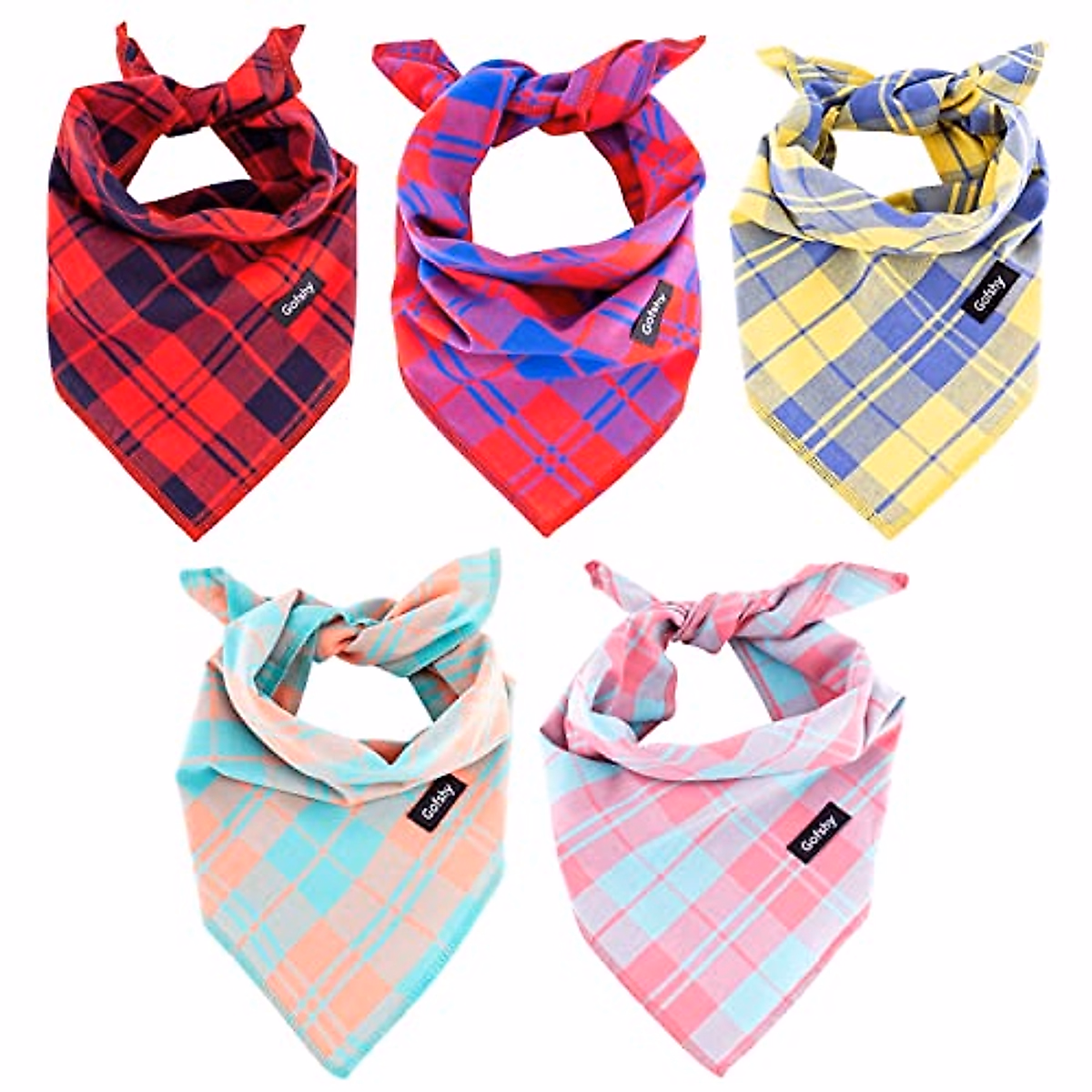 Gofshy Dog Bandanas-5PCS Birthday Gift Puppy Bandana Vibrant Color Plaid Printing Adjustable Dog Scarf Bib Handkerchief Accessories for Medium Large Dog Pet