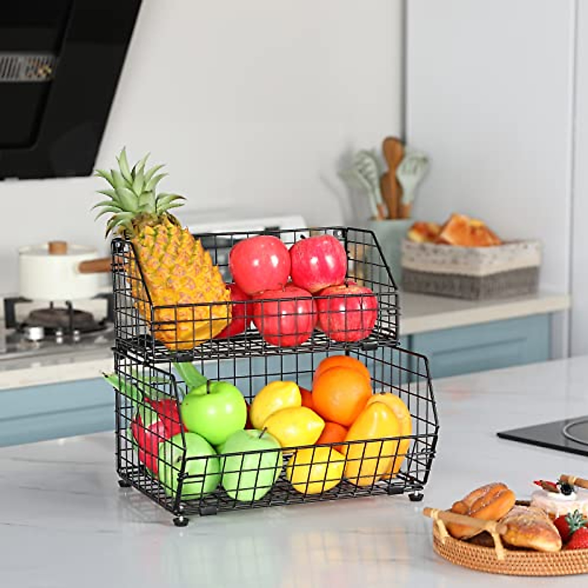 Fruit Vegetable Basket 2-Tier Wall-mounted Wire Storage Baskets Countertop Detachable Stackable Bin Kitchen Organizer Pantry Basket for Snack Canned Foods Potato Onion Storage Cabinet