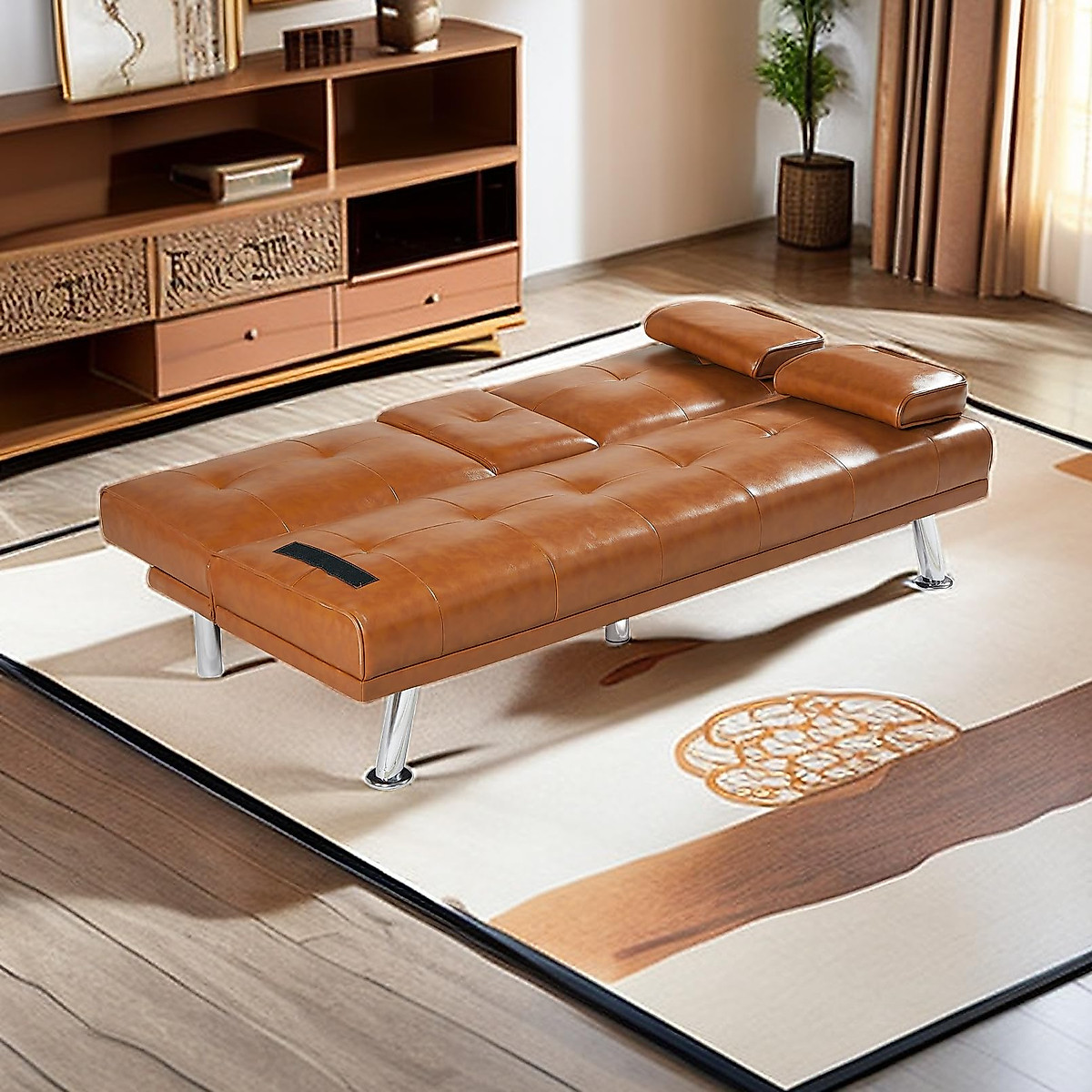 GERDIOEB Modern Convertible Folding Futon Sofa Bed with 2 Cup Holders, Leather Upholstered Adjustable Couch Loveseat Sofa Sleeper with Removable Armrests for Living Room Office Small Space (Tan)