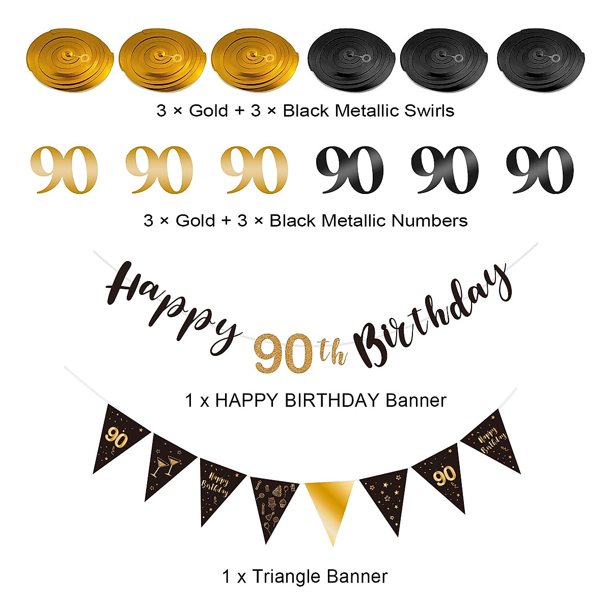 90th Birthday Decoration Kit, Happy 90th Birthday Banner Bunting Swirls Streamers, Triangle Flag Banner for Birthday Party Decorations Supplies Black and Gold 90th