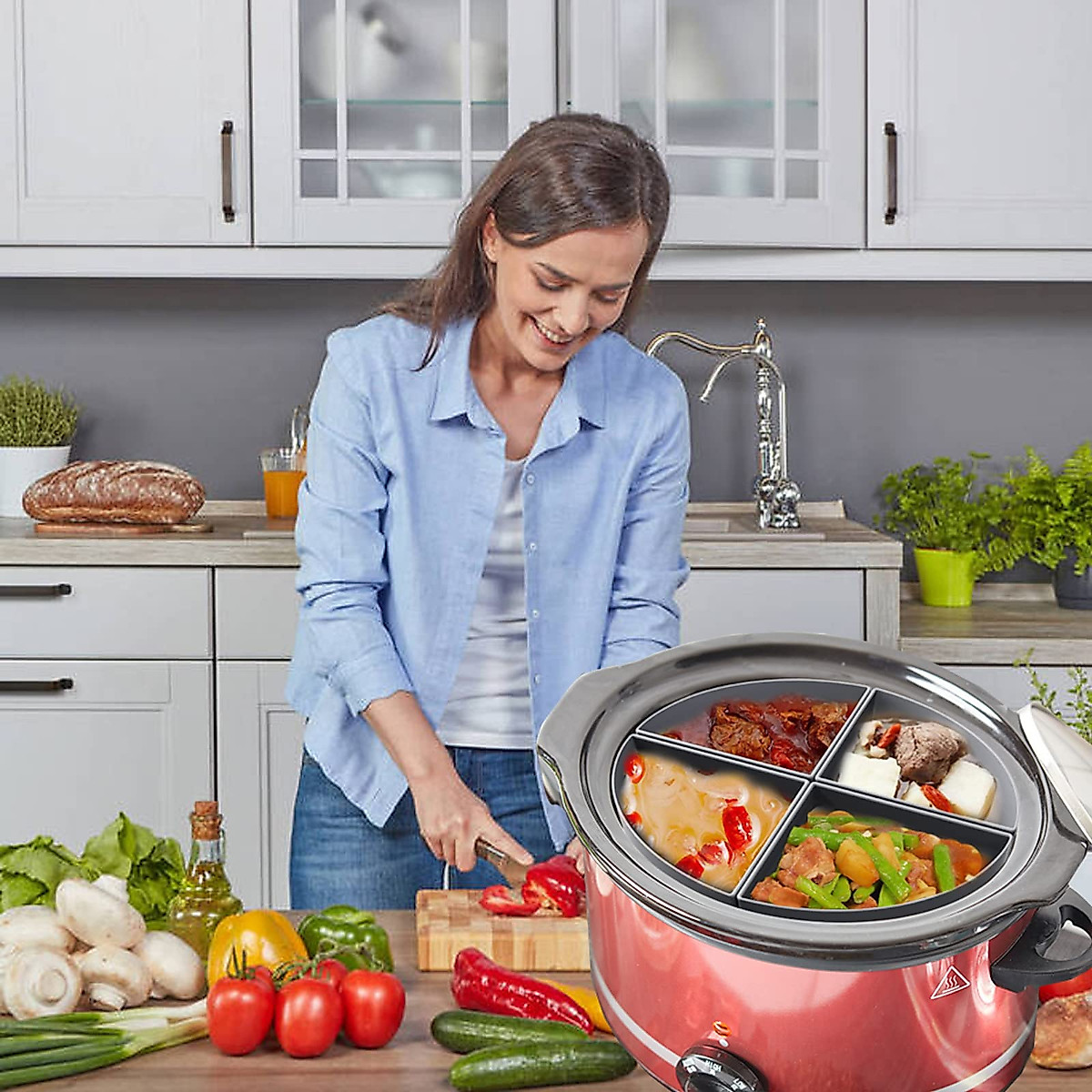 Slow Cooker Divider Liner fit 6 QT Crockpot, Reusable & Leakproof Silicone Crockpot Divider, Dishwasher Safe Cooking Liner for 6 Quart Pot (Grey)