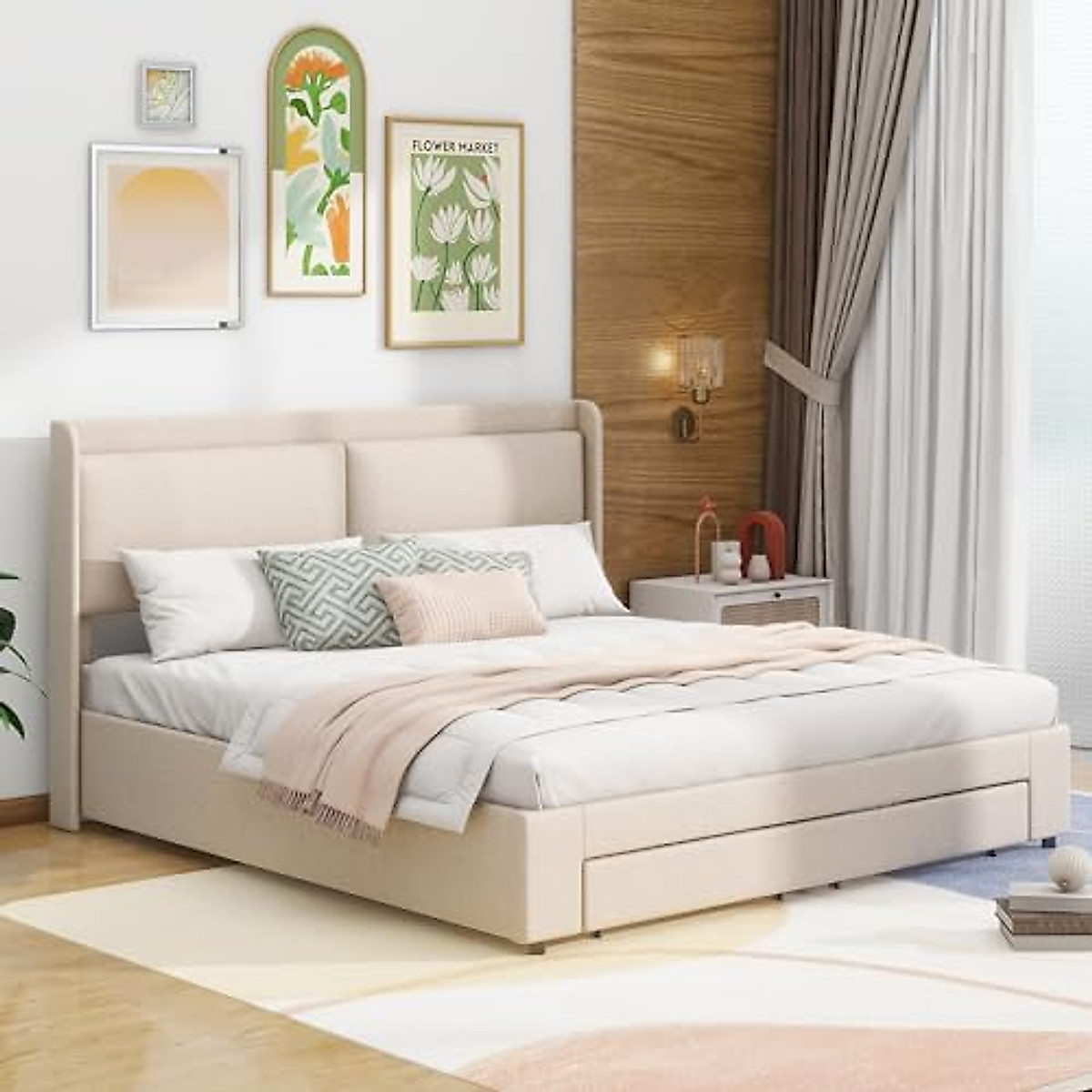 BOVZA Queen Size Lift Upholstered Platform 2 Drawers, Modern Wingback Headboard, Hydraulic Storage Bed Frame, Linen Beige