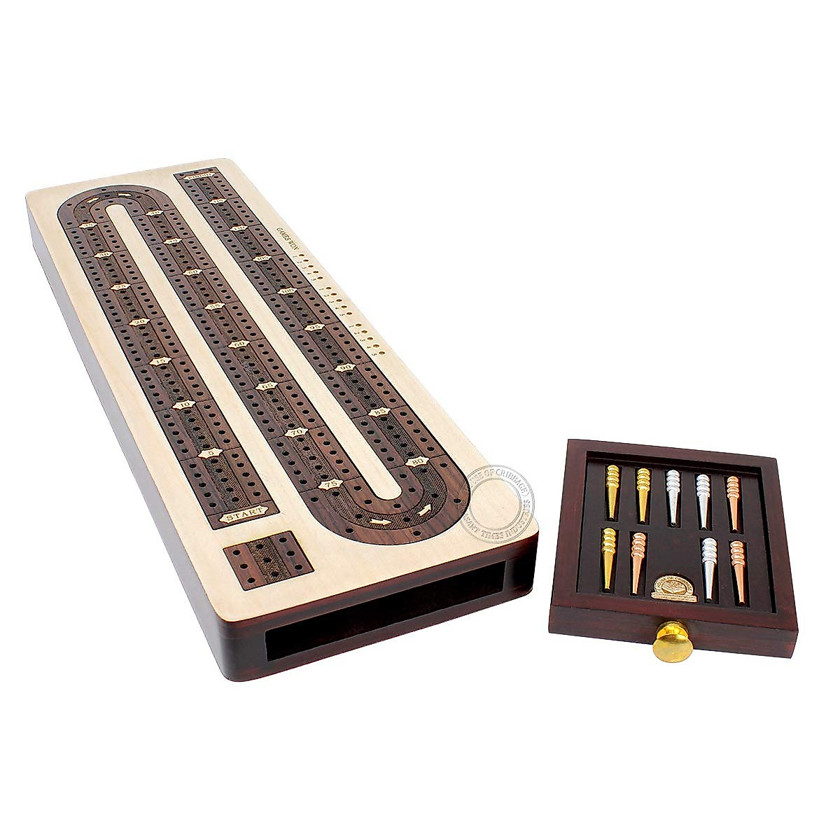 House of Cribbage - 3 Track Continuous Cribbage Board Inlaid in Rosewood - Maple Wood - Size: 12.5 Inches - Storage Drawer for Cribbage Pegs