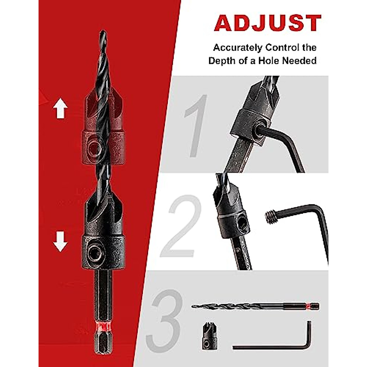 EZARC Countersink Drill Bit Set, 3 PCS Tapered Drill Bits Counter Sinker Set, 1/4" Hex Shank Quick Change for Woodworking, Pilot Screw Hole Set