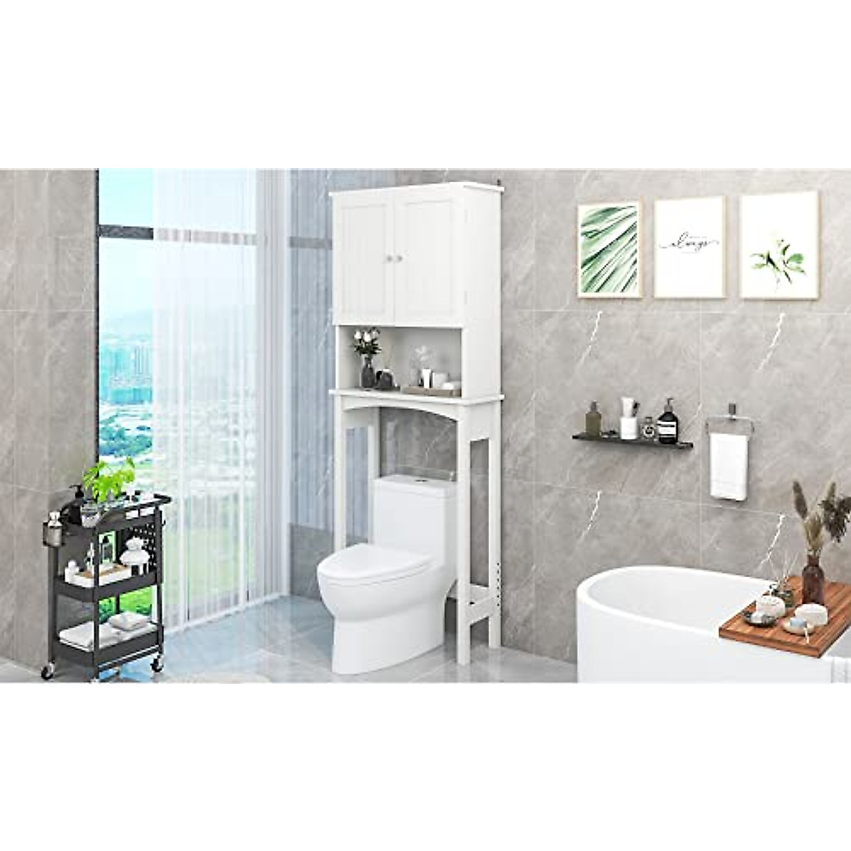 MENGK Over-The-Toilet Bathroom Cabinet with Shelf and Two Doors Space-Saving Storage, Easy to Assemble, White