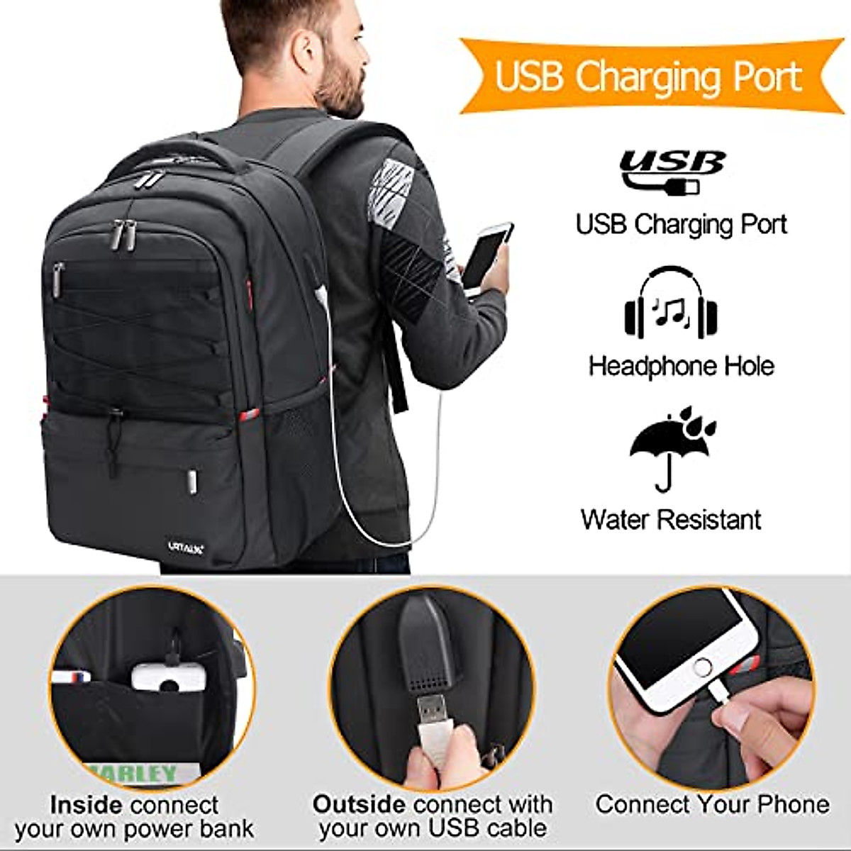 Urtala Travel Laptop Backpack with USB Charging Port, 15.6 Inch Business Computer Backpacks Large 30L Water Resistant Anti-Theft Hiking School College Bookbag for Men Women, Black