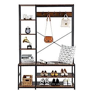Entryway Hall Trees with Hooks, Storage Shelves and Shoes Bench, Freestanding Closet Organizer Clothes Rack with Coat Rack, Closet Garments Shelf for Hallway, Bedroom-Black Vingtage Walnut