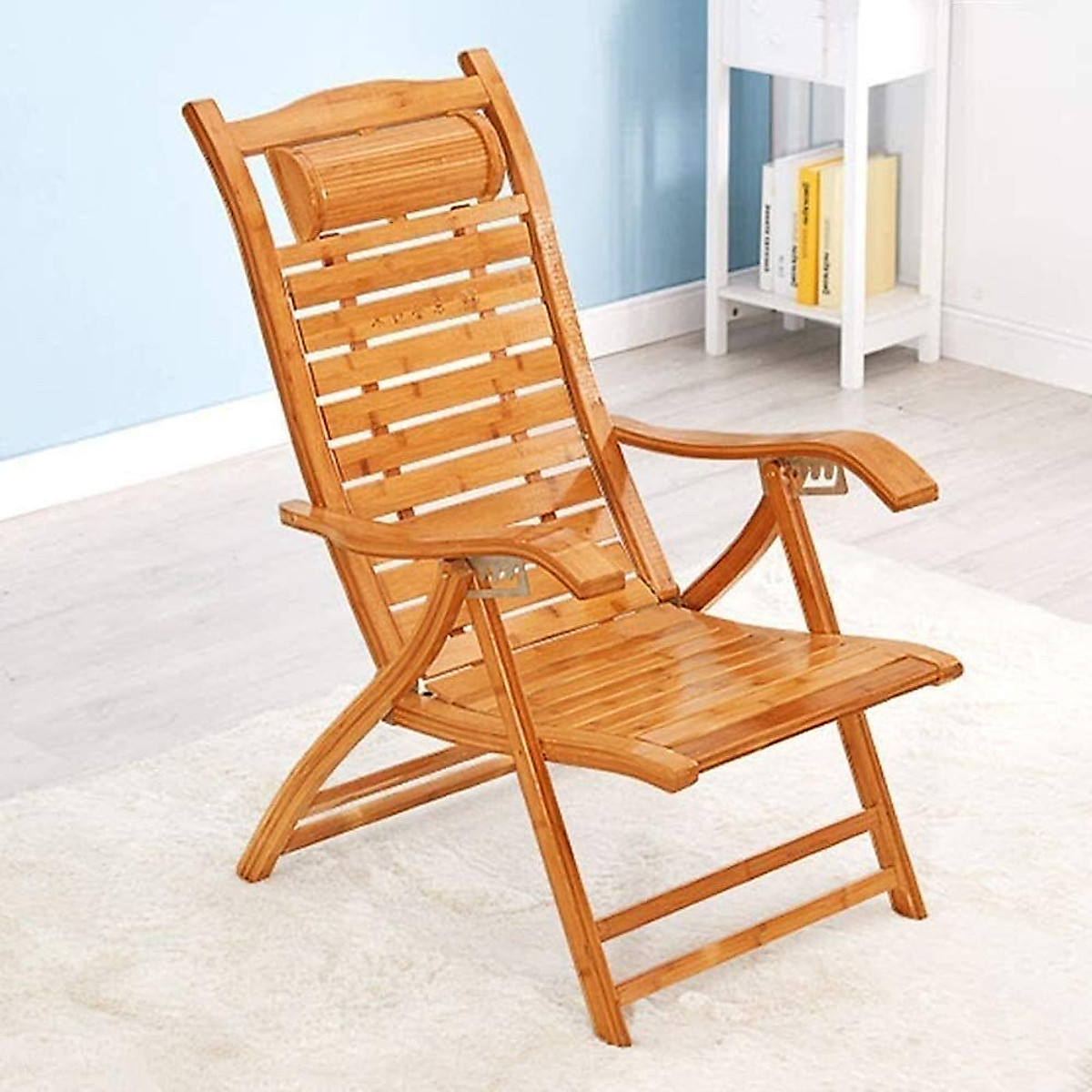 Sun Lounger Patio Reclining Chairs Loungers Camping Chairs Reclining Bamboo Bed Adjustable in 6 Positions Folding Deckchair with Ergonomic Curved Headrest Portable Deckchair for Balcony On The Patio,