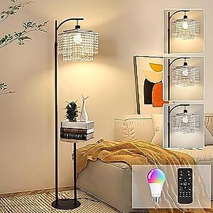 Floor Lamp with Table and Shelves for Living Room Bedroom Modern Arc Crystal Floor Standing Lamp with Remote Dimmable Two Layer Crystals LampShade Black Adjustable Tall Lamp Industrial Floor light