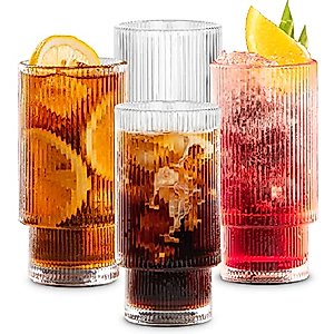 Combler Ribbed Drinking Glasses, Ribbed Glass Cups 11oz Set of 4, Ribbed Glassware for Water Whiskey Beer Cocktail Glasses, Iced Coffee Cup, Apartment Must Haves Essentials, Birthday Gifts for Women