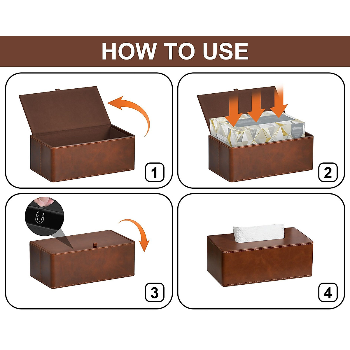 GOLRANLYE Tissue Box Cover Rectangular 9.8"(L) x 5.3"(W) x 4.3"(H) Refined Modern PU Leather Facial Tissue Dispenser Box Holder for Dresser Bathroom Decorative (Brown)