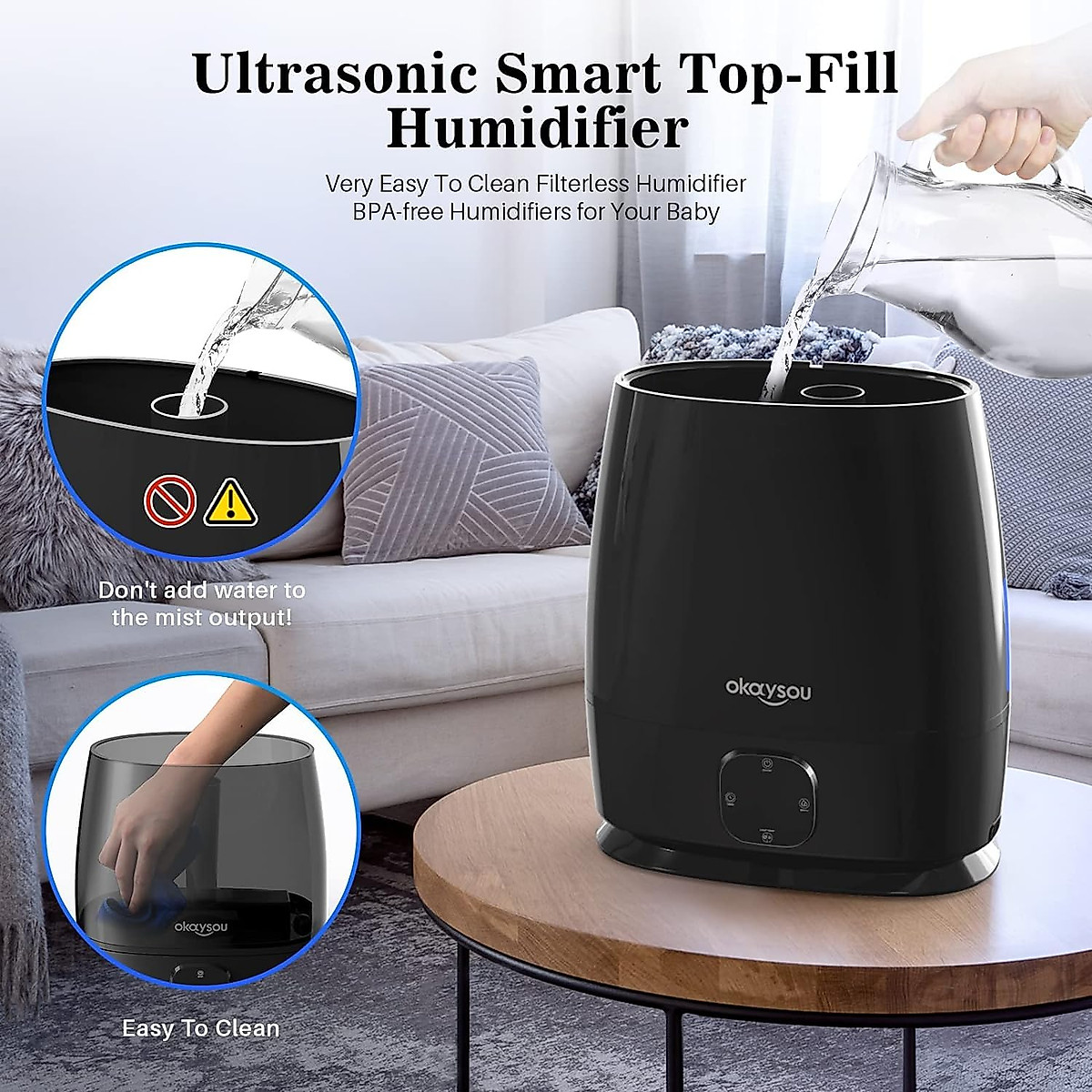 Okaysou Humidifiers, 6L Smart Humidifier and Diffuser for Bedroom Large Room W/Remote Control, Filterless, 50 Hour Top Fill Cool Mist Humidifiers with Humidistat for Babies, Plant, Sleep Mode, Timer