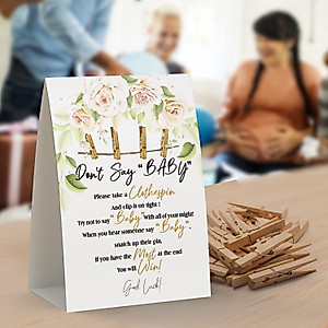 Don't Say Baby Sign, Baby Shower Clothespin Game, Includes a 5x7 Standing Sign and 50 Mini Natural Clothespins - Toctose055
