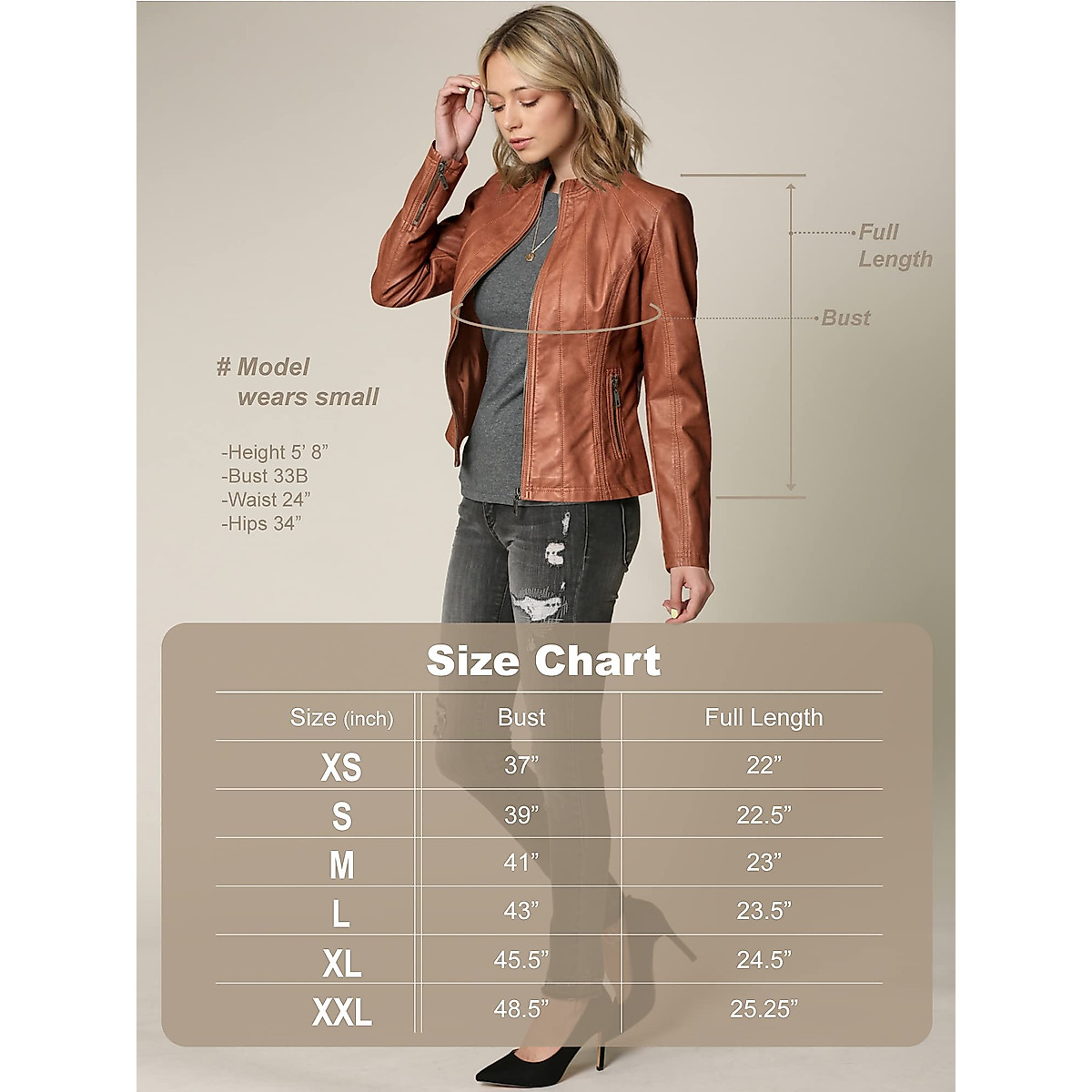 Made By Johnny MBJ WJC877 Womens Panelled Faux Leather Moto Jacket XL Camel