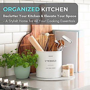 D'Lifeful Farmhouse Kitchen Utensil Holder (Jumbo Size - 7" x 7”) - Large Utensil Caddy for Countertop, Utensil Holder for Kitchen Counter Decor, Utensil Organizer (White)