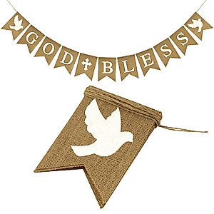 GCQQ God Bless Banner, Pre-strung God Bless Burlap Banner, Neutral God Bless Banner with Pigeon, Rustic First Communion Banner for Boys or Girls, God Bless Banner for Baby Shower, Wedding Party Banner