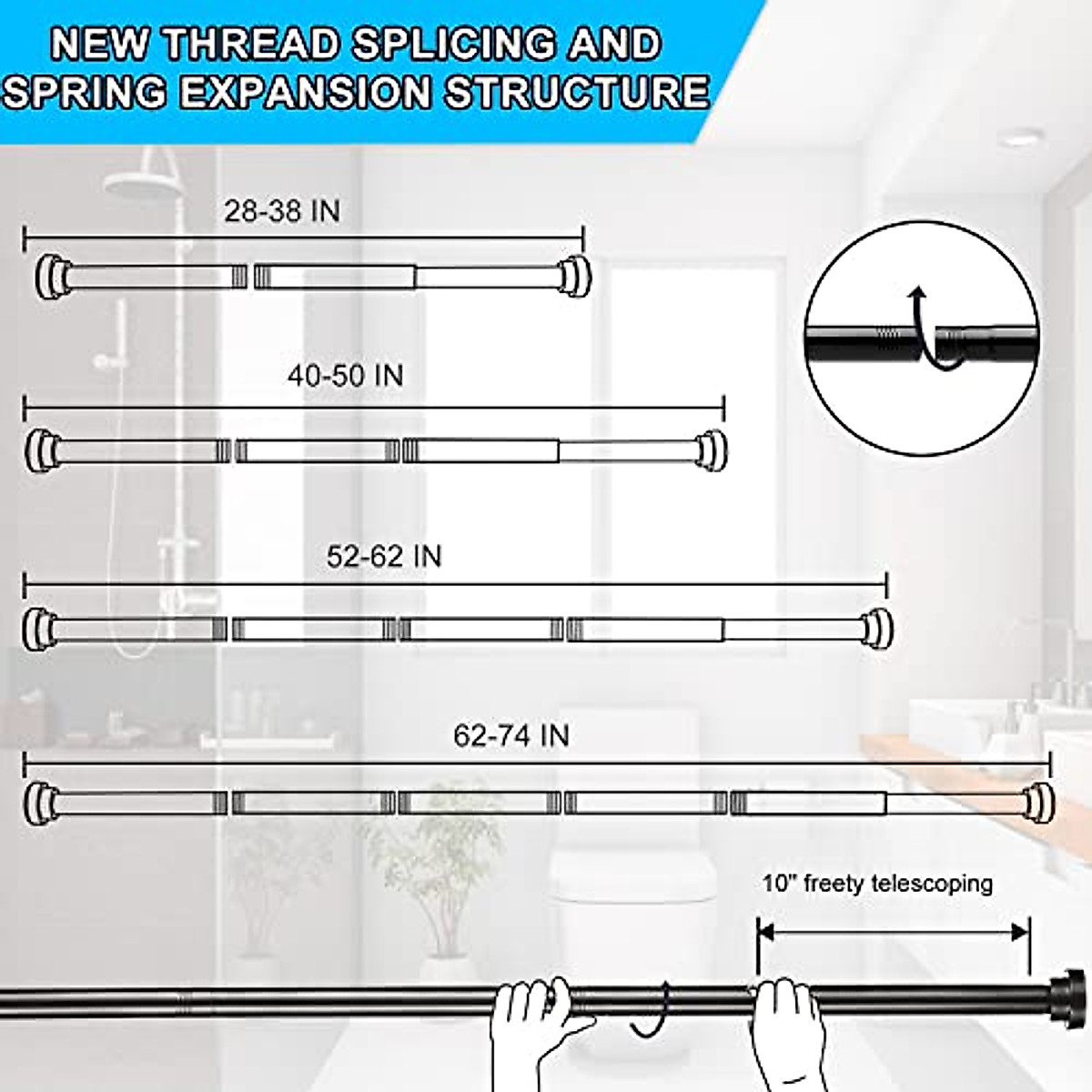 Matte Black Spring Tension Shower Curtain Rod - 40-74 Inches Adjustable Curtain Rod No Drill, Rustproof, No-drilling, Anti-slip, for Closet Bathroom Windows