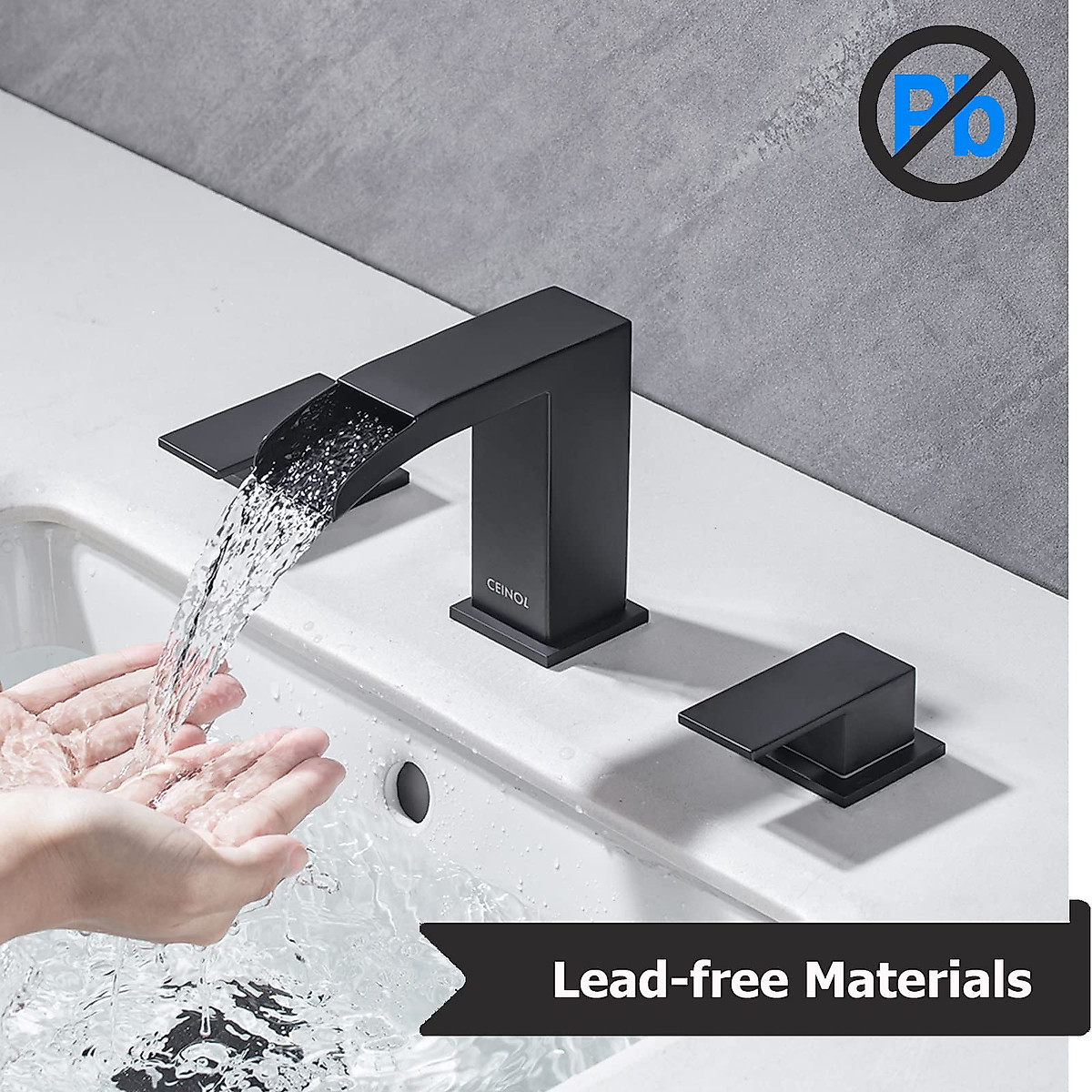 CEINOL Waterfall Bathroom Faucet Matte Black, Bathroom Sink Faucet 3 Hole, Widespread Bathroom Faucet Set with Pop Up Drain and Hose
