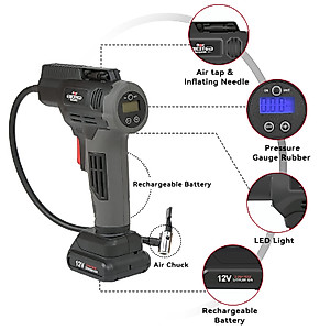 Excited Work 12V Portable Air Compressors Cordless Tire Inflator, 2.0 Ah Rechargeable Battery and Quick Charger, Max 150PSI, with 3 Nozzles, 4 Unit Meters, Fits Cars Motorcycles etc