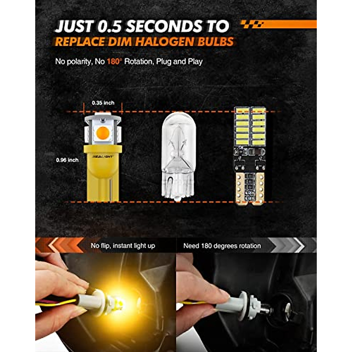 SEALIGHT 194 LED Bulb, 168 T10 LED Bulb Amber 2700k Yellow 2825 for Turn Signal Side Marker Dome Lights, 12V Cab Running Parking Tail Lights, (Pack of 10)