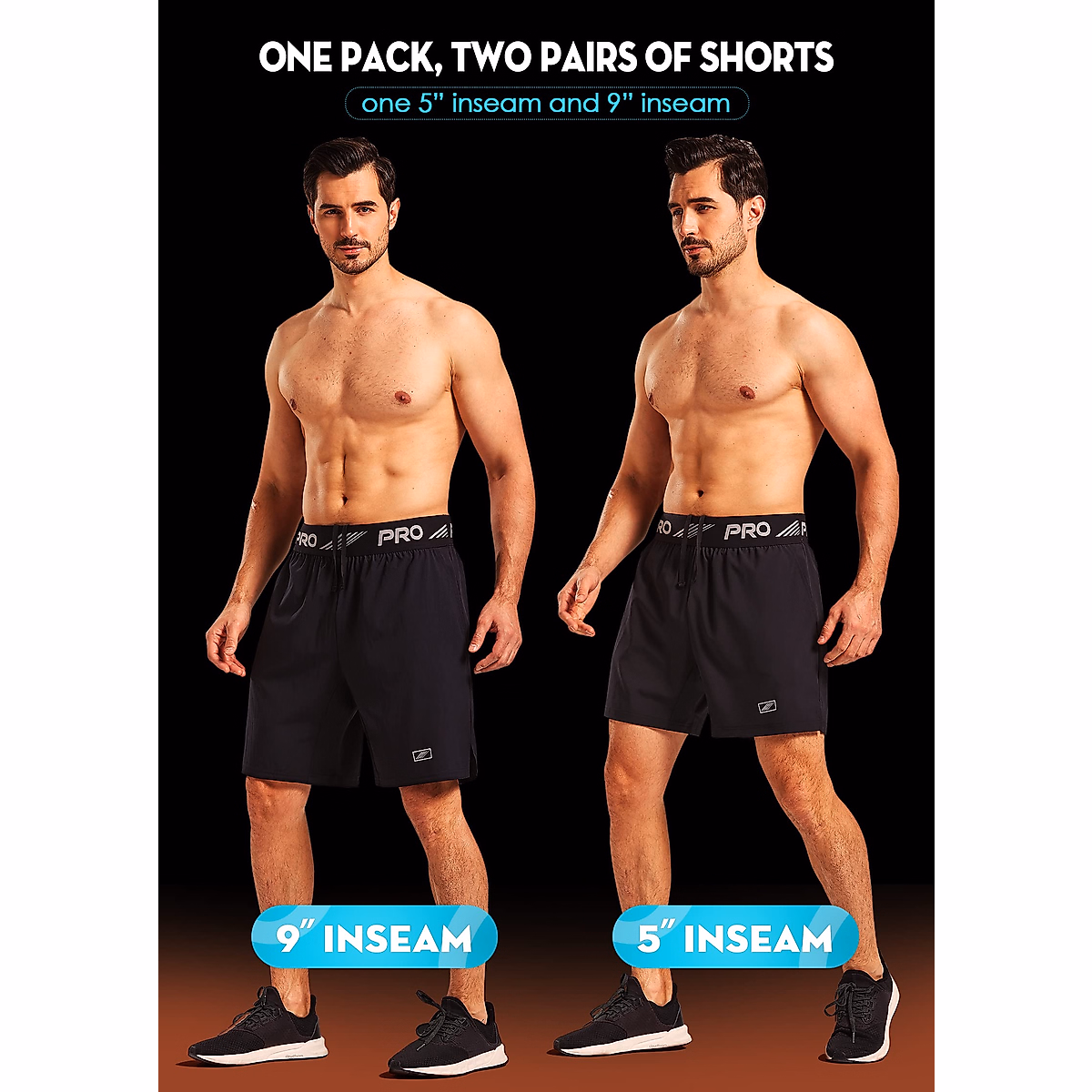 ACESHIP 2 Pack Workout Running Shorts Quick Dry Athletic Shorts 5" and 9" Lightweight Gym Shorts with Zipper Pockets Black