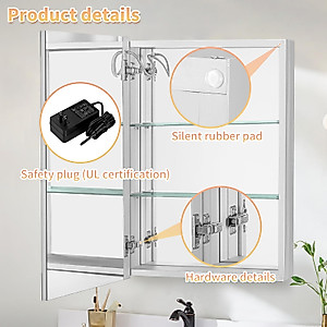 SIMEFUL Bathroom Medicine Cabinet with LED Mirror, 20"×28" Wall Mounted Mirror Cabinet with Adjustable Shelf, Anti-Fog, Memory Function, IP44 Waterproof, Dimmable 3 Colors