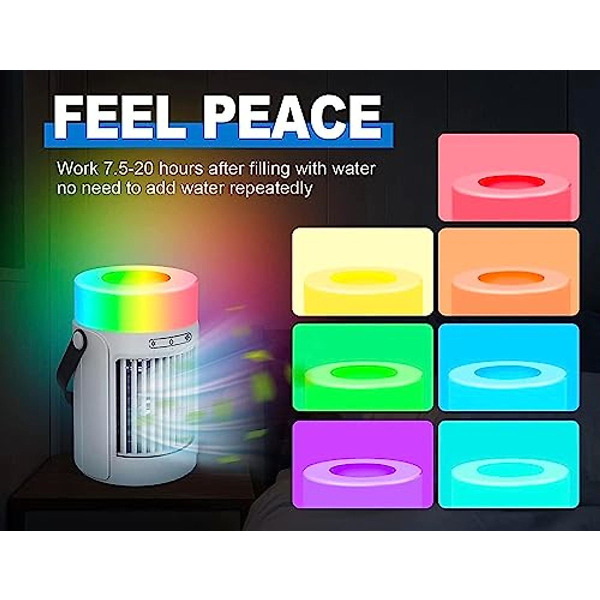 Portable Air Conditioners Fan, Evaporative Mini Air Cooler with 3 Speeds 7 Colors, Misting Humidifier Personal Air Cooler Touch Screen Desktop Cooling Fan with Large Water Tank for Home Room Office