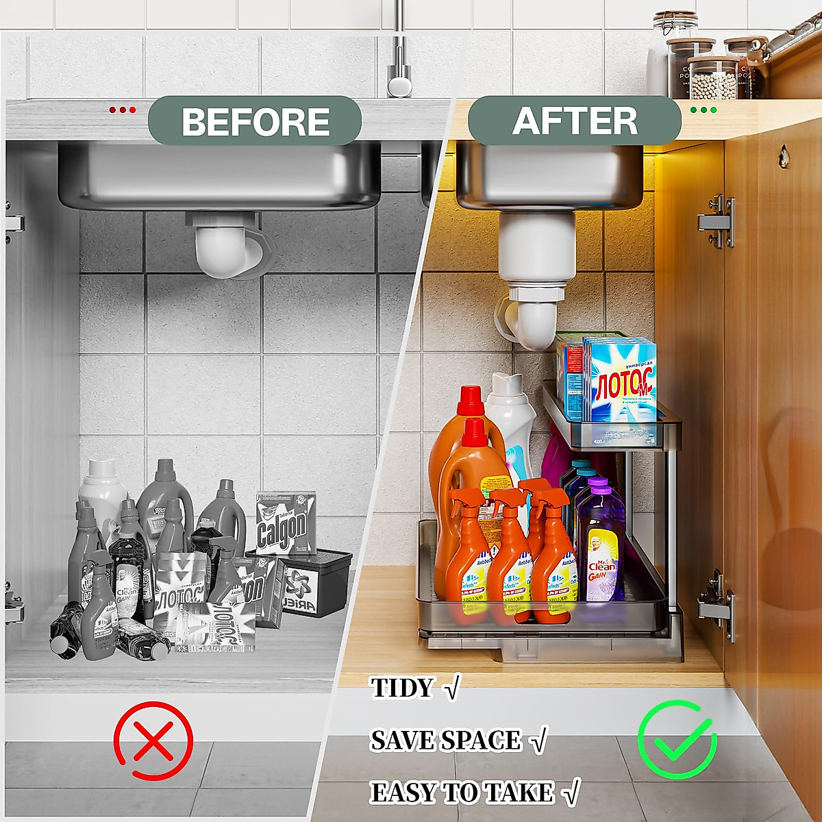 2 Pack Under Sink Organizer and Storage, 2 Tier Sliding Under Sink Shelf, L Shaped Pull Out Cabinet Basket Organizer, Multi-Purpose Slide Out Organizer Rack for Bathroom, Kitchen